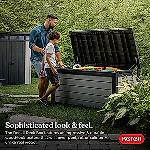 Keter Denali 150 Gallon Resin Large Deck Box-Organization and Storage for Patio Furniture, Outdoor Cushions, Garden Tools , Pool Toys, Grey & Black