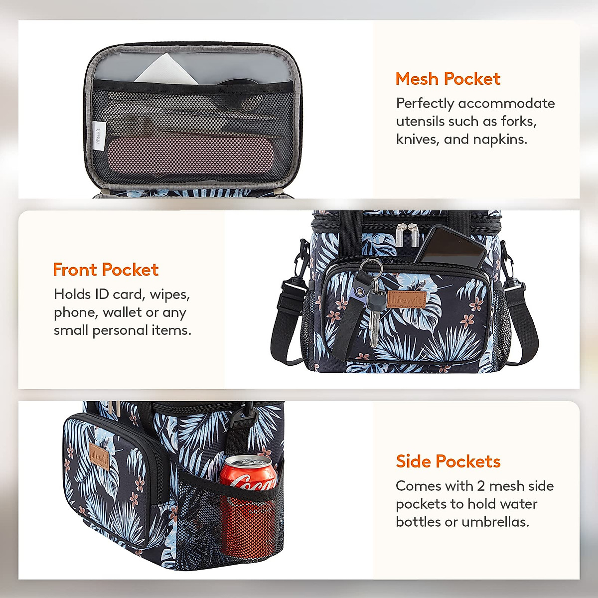 Lifewit Lunch Box for Men Women Double Deck Lunch Bag, Large Insulated Soft Cooler Bag, Leakproof Soft Meal Prep Lunch Tote with Shoulder Strap for Adults for Work/Flight/Travel, 12L/16Can, Flower