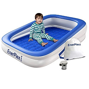 EnerPlex Kids Inflatable Travel Bed with High Speed Pump, Portable Blow up Toddler Air Mattress with Sides – Built-in Safety Bumper - Blue