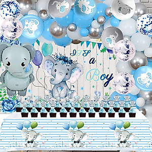 134PCS Elephant Baby Shower Decorations for Boy Baby Boy Shower Decorations Include Elephant Theme Balloon Garland Arch Kit Backdrop Tablecloth Cake Toppers Mommy Sash and Daddy Badge