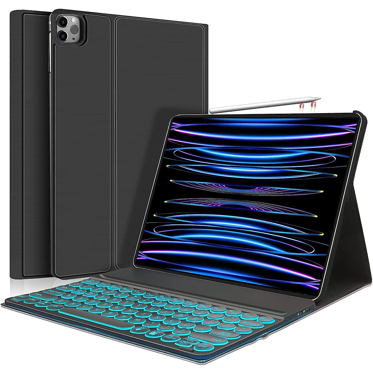 New iPad Pro 12.9 2022 6th Gen/5th Gen 2021/2020 4th Gen/2018 3rd Gen Keyboard Case -7 Colors Backlit Detachable Keyboard Slim Folio Smart Cover for iPad Pro 12.9"[Support Apple Pencil Charging]-Black