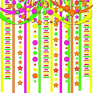 UNIIDECO Glow in The Dark Neon Streamers Garlands Kit, Dance Party Black Light UV Reactive Florescent in Decorations Backdrop, Crepe Paper Roll Circle Dots, Fiesta Graduation Birthday Party Supplies