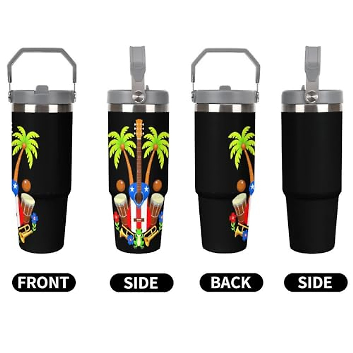 Chef Frog Porto Rico (4) 30 OZ Insulated Tumblers with Handle And Straw Leakproof Vacuum Insulated Stainless Steel Water Bottle for Car Fishing Travel