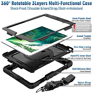 Timecity for iPad 6th/5th Generation Case, for iPad 9.7 inch Case 2018/2017 with Screen Protector, 360 Rotating Stand/Hand Strap, Full-Body Protective Case for iPad 6th/5th Gen/Air 2/ Pro 9.7''-Black