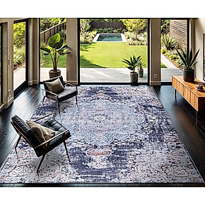 CAMILSON Printed Area Rugs with Ultra Thin Super Strong for Living Room Bedroom, Vintage Rug 8x10, Stain and Water Resistant, Traditional Bohemian Indoor Carpet (8 x 10, Blue)