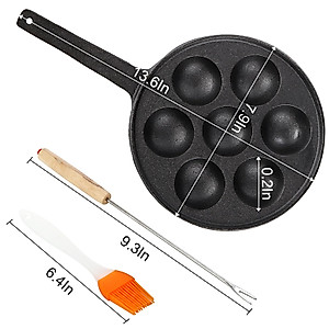 WUWEOT Cast Iron Aebleskiver Pan, 2" Poffertjes Danish Pancake Balls Griddle, 7 Hole NonStick Ebelskiver Pan, Half Sphere Takoyaki Maker with Turn Sticks and Brush for Baking Cooking
