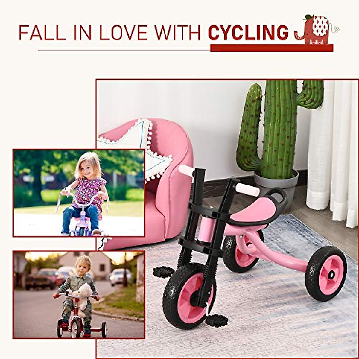 Qaba 3 Wheel Kids Tricycle Toddler Walking Trikes with Adjustable Seat for 3-6 Years Old Boys & Girls Pink
