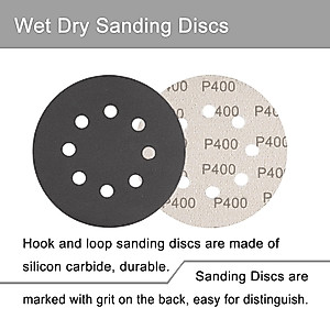 140 Pcs 5 Inch Wet Dry Sanding Discs Hook and Loop 8 Holes Sandpaper 400/600/800/1000/1500/2000/3000 Assortment Grits with Interface Pad for Orbital Sander Automotive Wood Plastic Metal Polishing