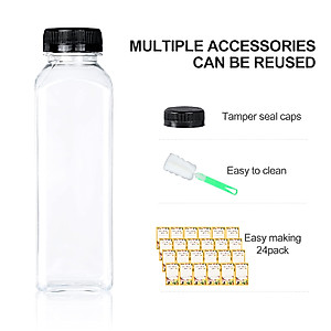 DANALLAN 24Pcs12oz Empty Juice Bottles with Caps, Premium Reusable Plastic Bottles Juice Container Transparent Black Leak-proof Lids for Drink Juice Smoothie Milk Beverages Water