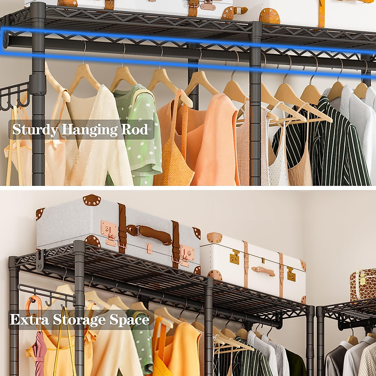 Exglobol Rolling Clothes Rack, Heavy Duty Garment Rack for Hanging Clothes, Wire Adjustable Rolling Clothing Rack with Lockable Wheels & 2 Hanger Rods