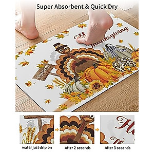 KITHOME Bath Mat for Bathroom Non Slip Thanksgiving Farm Turkey Pumpkin Sunflowers Diatomaceous Earth Bath Mats Highly Absorbent Door Mat Diatom Mud Washable Bathroom Mat for Tub Shower 16x24 Inch