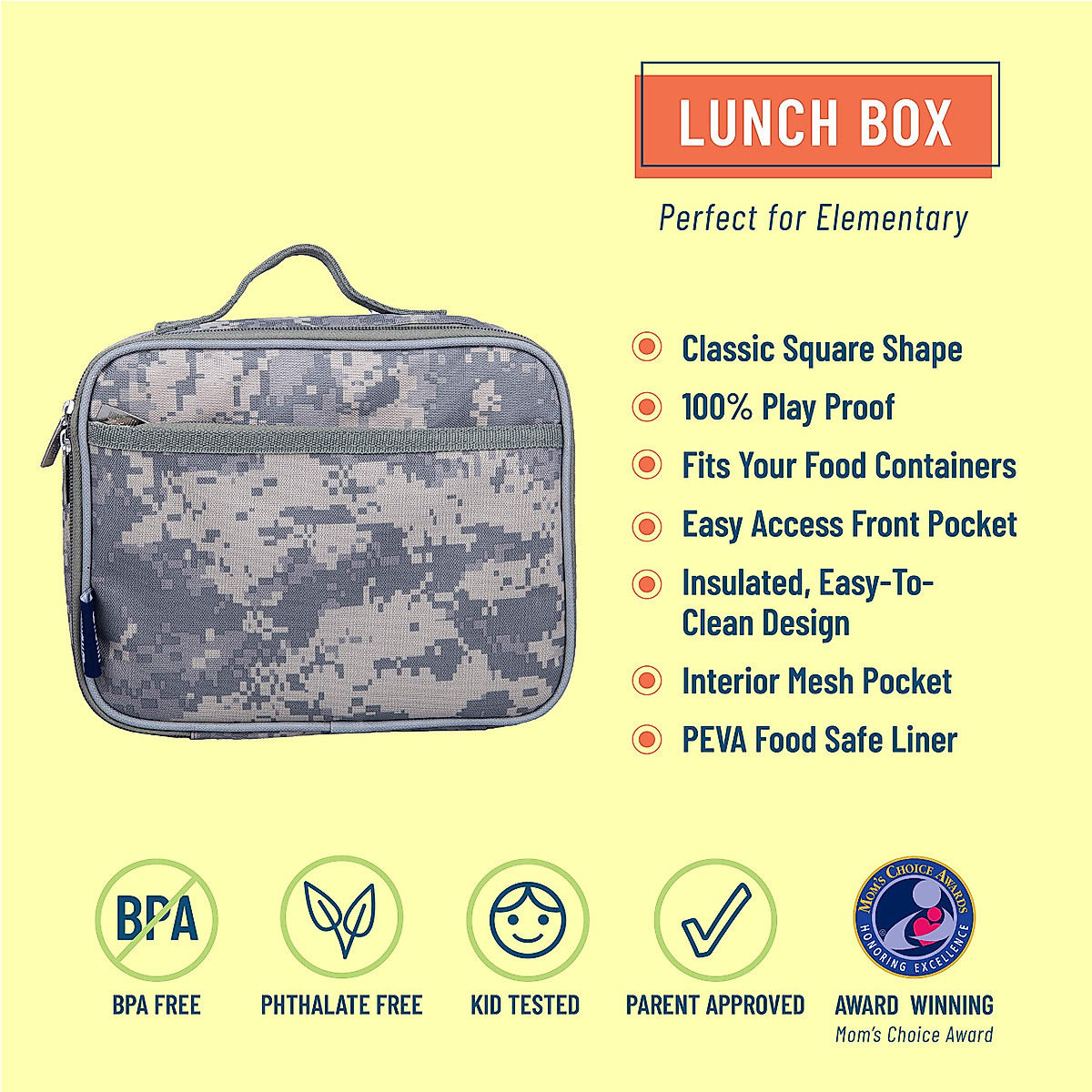 Wildkin Kids Insulated Lunch Box Bag for Boys & Girls, Reusable Kids Lunch Box is Perfect for Early Elementary Daycare School Travel, Ideal for Hot or Cold Snacks & Bento Boxes (Digital Camo)
