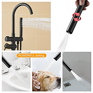 BESy Freestanding Bathtub Faucet Tub Filler Floor Mount Stand Brass Bathroom Tub Faucets with 2 Function Hand Shower Wand Swivel Spout, Matte Black Finish