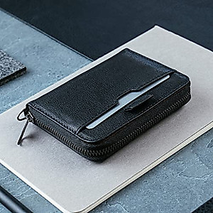 Vaultskin Minimalist Leather Zipper Wallet. Small RFID-Blocking Multi-Card Holder with Coin Compartment (Black) MAYFAIR