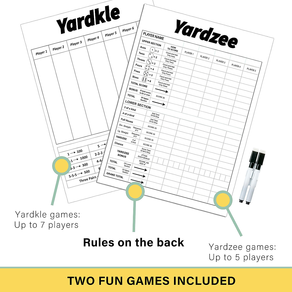 Large Wooden Yard Dice Set of 6 with Two Games and Cardboard Bucket