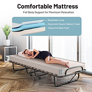 KOMFOTT Folding Rollaway Bed with 4" Mattress, Foldable Rollaway Bed with Memory Foam Mattress for Adults, Portable Fold Up Guest Bed with Sturdy Steel Frame on Wheels for Home & Office, Made in Italy