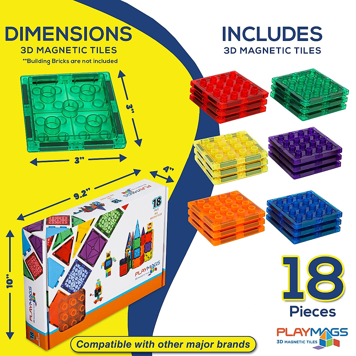 Playmags Magnetic Tiles, 18Pcs Magnetic Building Bricks, Exclusive Magnetic Blocks, Skill Development, Ages 3+ (Big Bricks Tiles)