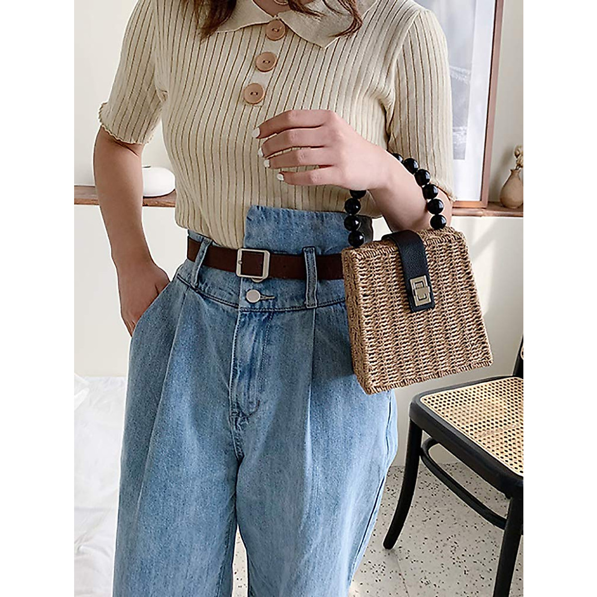 QZUnique Straw Bucket Bags for Women Top Handle Drawstring Woven Handbag Shoulder Bag Summer Beach Purses with Bamboo Handle