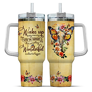 99OWL Elephant Hibiscus Tropical Floral, Elephant Gifts, Women Handle Tumblers Yellow For Butterfly Coffee Adults Funny Flower, Tumbler 40 Oz With Handle Lid And Straw