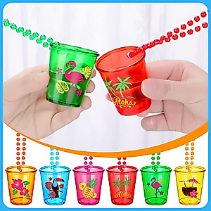 12 Pcs Hawaiian Luau Shot Glasses Bead Necklace Hawaiian Aloha Party Necklace Cups Flamingo Hibiscus Shot Glass Beaded Necklace Plastic Shot Glasses Necklace for Hawaiian, Summer Tiki Party Supplies