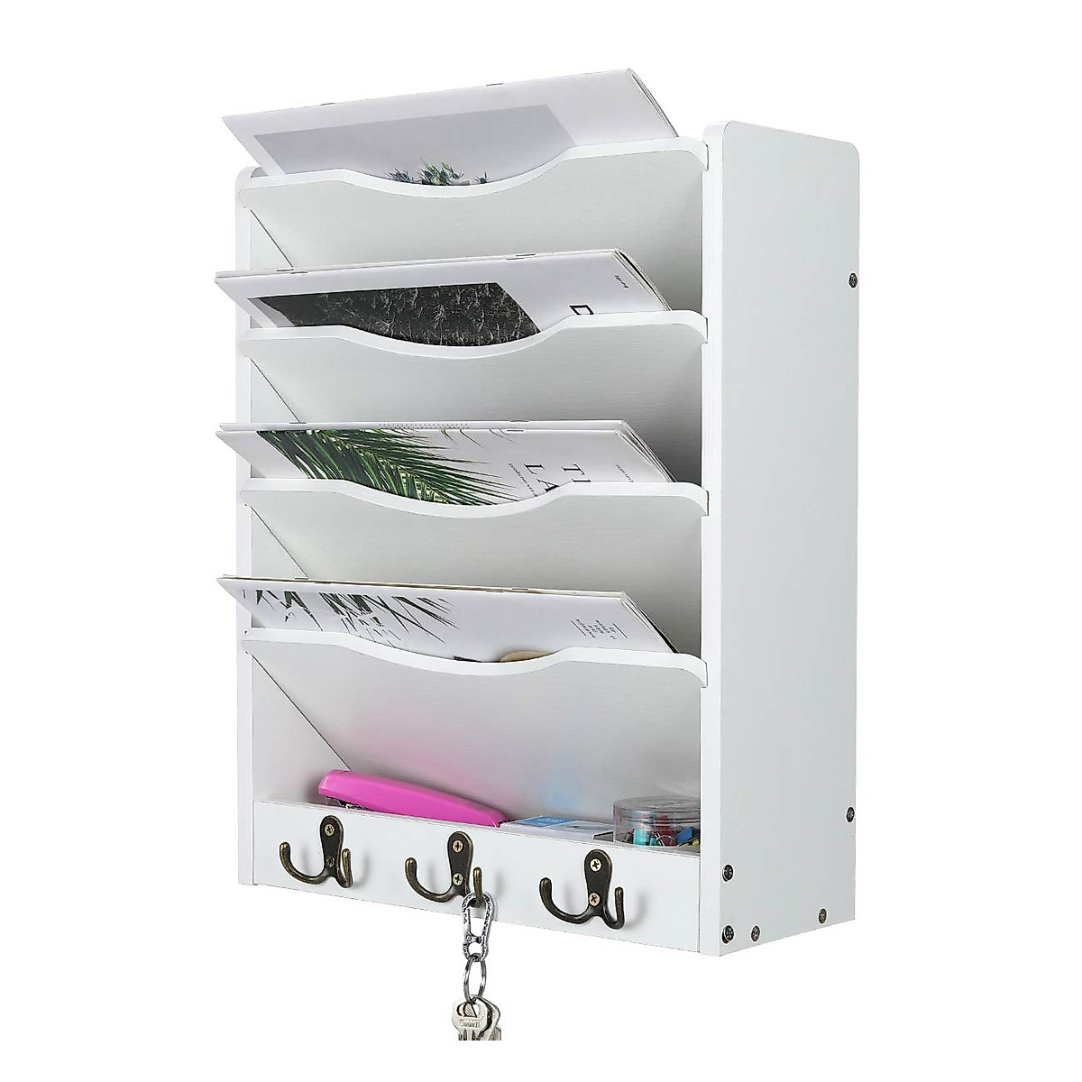 PAG 5-Tier Wall File Holder Hanging Mail Organizer Wood Magazine Literature Rack with 6 Hooks, White