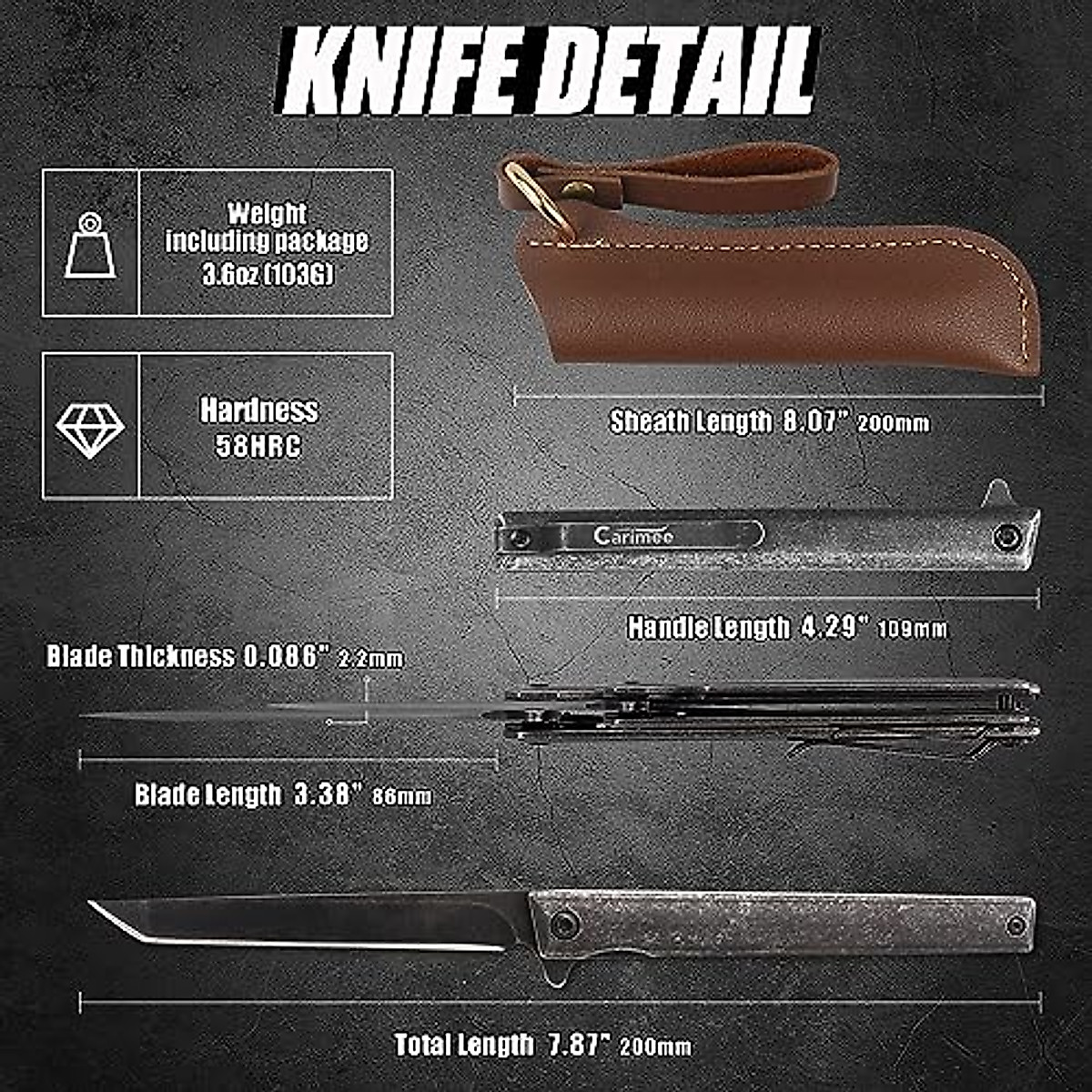 Carimee Pocket Knife with Pocket Clip, Sheath, D2 Steel Blade, Stonewashed Handle, EDC Gentleman Knife for Outdoor, Gift for Men LD02T