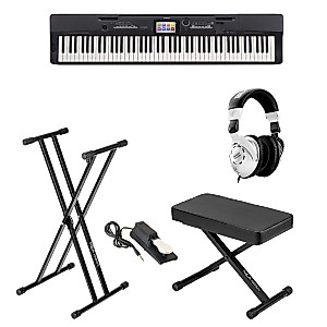 Casio Privia PX-360 Digital Piano with 5.3in Color Touchscreen Display, 128 Polyphony, 550 Built-in Tones - Bundle With On-Stage KPK6520 Keyboard Stand/Bench Pack, Behringer HPS3000 Headphones, Cloth