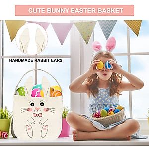 Bunny Easter Basket For Kids, Large Kids Easter Basket With Handle, Personalized Easter Basket For Girls Boys, Canvas Easter Baskets Empty With Foldable Bunny Ears Pink