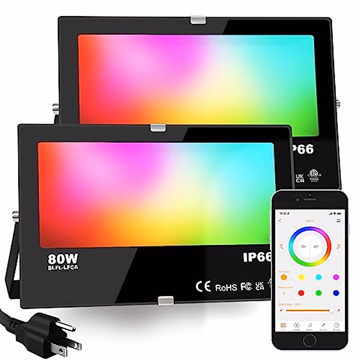 ILC LED Flood Light 80W, 8000LM, Outdoor RGB Color Changing, Smart Floodlights RGBW 2700K Warm White & 16 Million Colors, 20 Modes, Grouping, Timing, IP66 Waterproof (2 Pack)