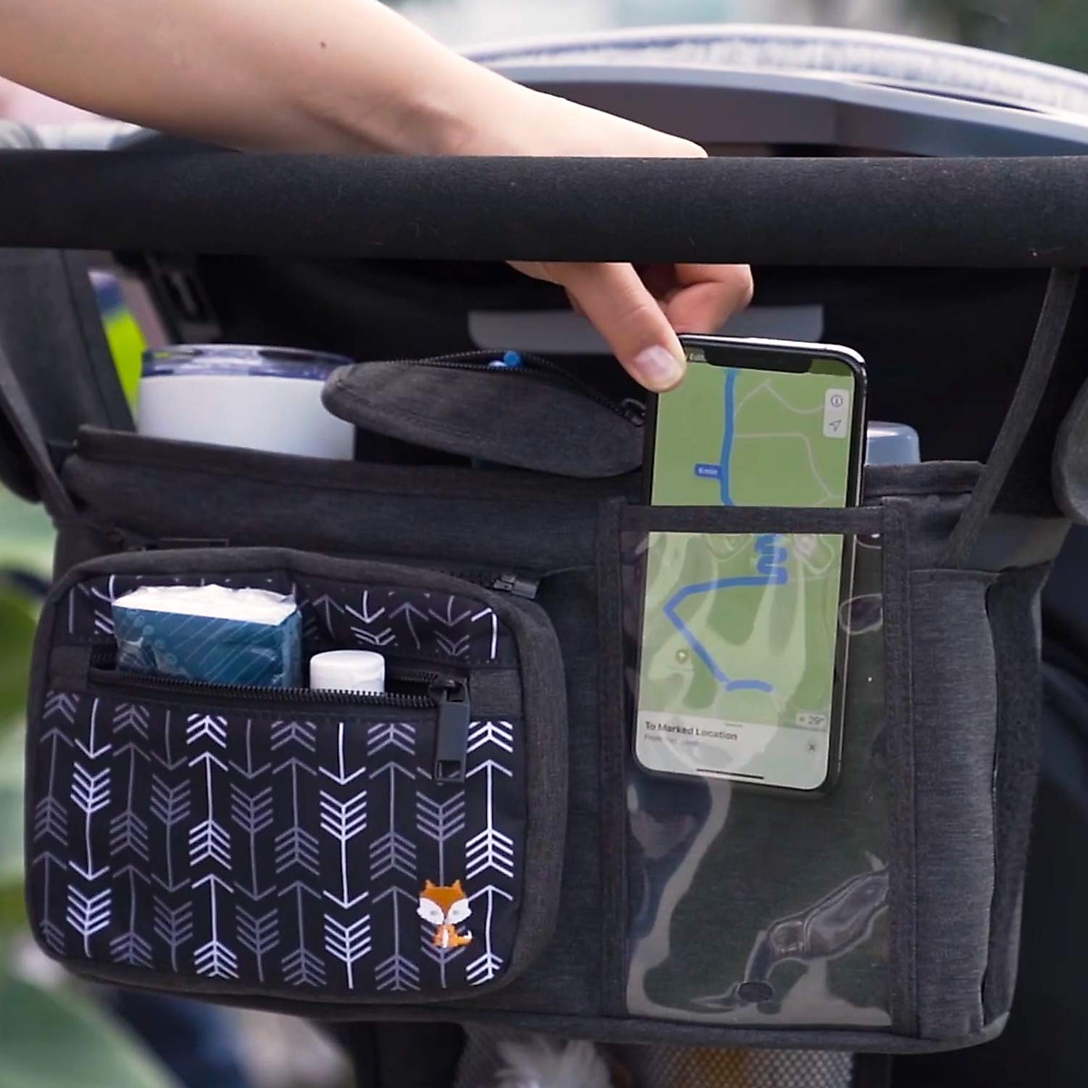 OmniKit Baby Stroller Organizer with LARGE Smart Phone Holder by Lil Fox. Stroller Bag Bottle and Stroller Cup Holder, Stroller Caddy for Baby Things. Stroller Accessories, Unisex Baby Shower Gifts