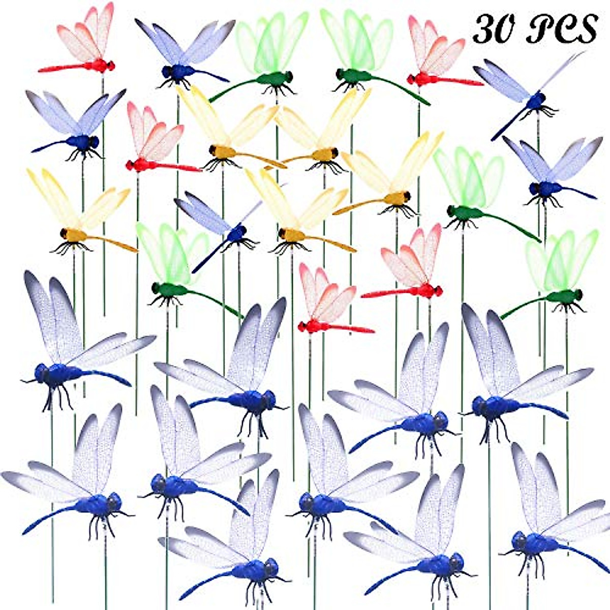 Seasonsky 30 PCS Dragonfly Garden Stakes, 2 Size Artificial Dragonfly Stakes Indoor Outdoor Yard Garden Flower Pot Decoration, Miniature Fairy Garden Decoration