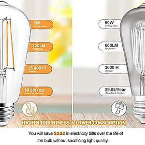 PARTPHONER LED Light Bulbs Dimmable Vintage Edison Bulb, E26 LED Bulb 60W Equivalent 720 Lumens, Warm White 2700K, ST58 Antique LED Filament Bulb CRI 85+, Clear Glass, Pack of 4
