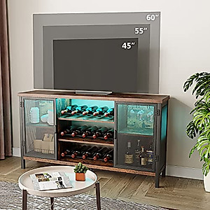 SOSPIRO Bar Cabinet with Wine Rack, LED Lights Industrial Coffee Bar Cabinet for Liquor and Glasses, Liquor Cabinet Bar for Home, Wine Bar Cabinet with Adjustable Shelves (Grey)