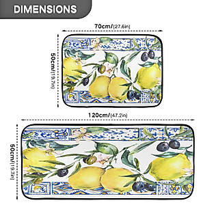 Washable Kitchen Rugs Set 2 Piece Watercolor Lemon Olive Branches Anti Fatigue Floor Mats Bathroom Carpet, 27"x19" and 47"x19"