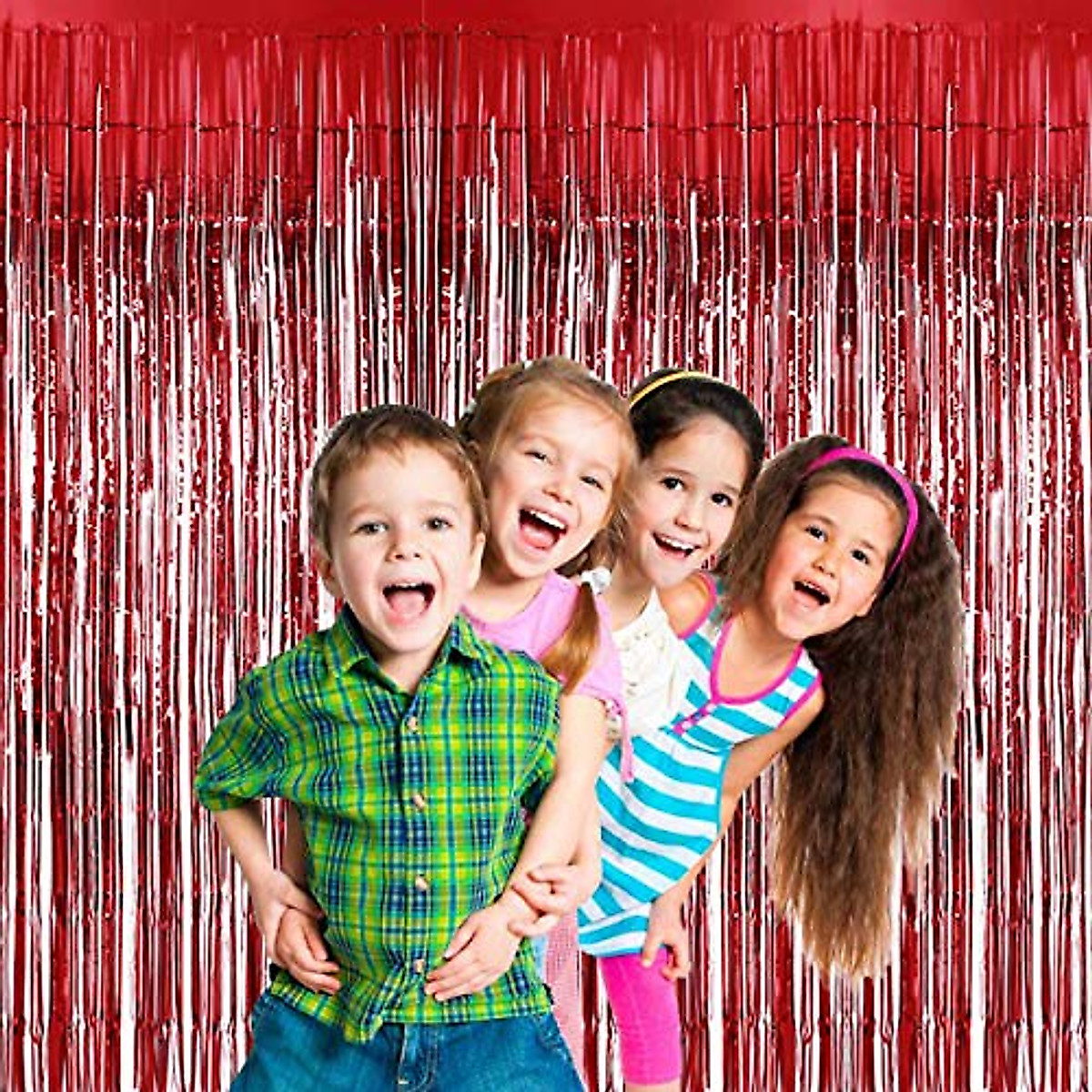 BTSD-home Red Foil Fringe Curtain, Metallic Photo Booth Backdrop Tinsel Door Curtains for Wedding Birthday Bridal Shower Baby Shower Bachelorette Christmas Party Decorations(4 Pack, 8ft x 3ft)