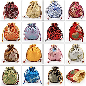 Cotton Filled Drawstring Small Bags for Jewelry Gift Pouch Packaging Chinese Silk Brocade Jewelry Pouch Thicken Luxury Jewellery Storage Bag (10, Mixed Color)