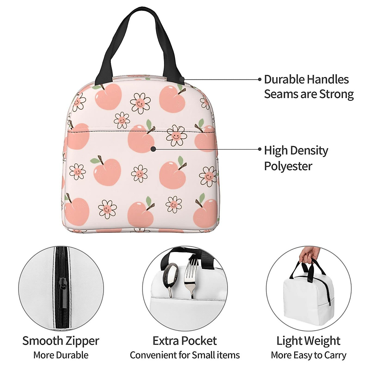 Echoserein Peach Fruit Happy Flower Pink Lunch Bag For Women Girls Insulated Lunch Box Reusable Lunchbox Waterproof Portable Lunch Tote