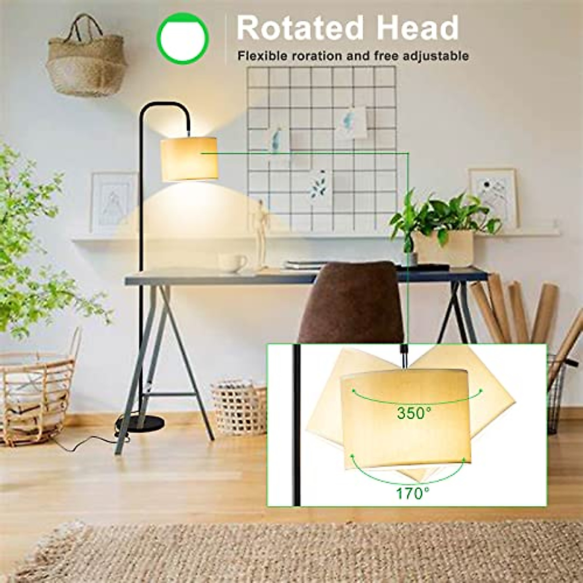 Floor Lamp Standing Floor Arc Floor Lamps Rotated Head 9W 3CCT LED Bulb Mid Century,Modern Standing Lamp Modern Lamp for Living Room Bedroom Office -Linen Lampshade Arched Tall Pole Bright Lamp Black