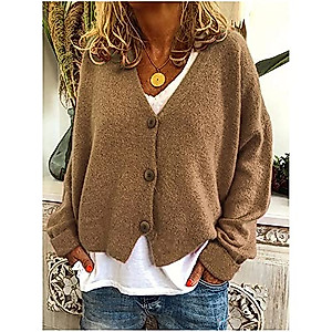 Mayntop Womens Sweater Cardigan Jumper Plus Size Solid Color Plain Oversize Button-Down V-Neck Knitted Tops Loose Knitwear(A Khaki,L)