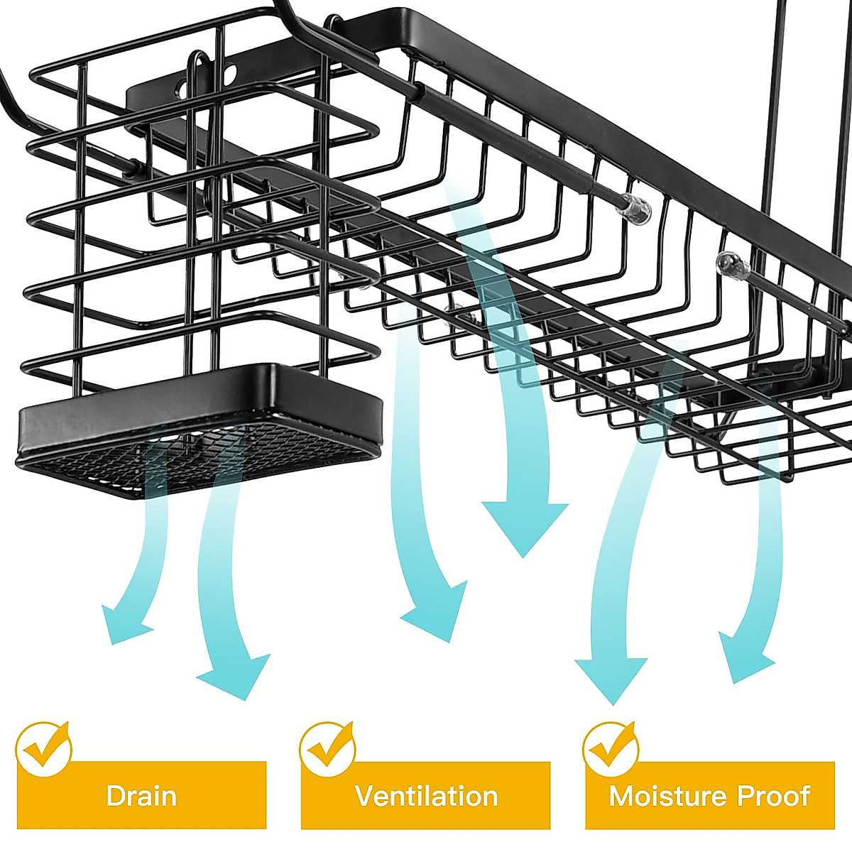 LOLOST Sink Caddy Sponge Holder, Expandable (16.7"-21.3") Kitchen Telescopic Sink Storage Rack , 4-in-1 Telescopic Sink Shelf with Dish Towels Drying Rack, Black