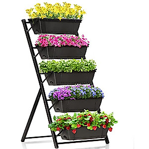 KING BIRD 4ft Vertical Raised Garden Bed 5 Tiers Planter Box Freestanding Garden Planter Outdoor and Indoor with Removable Tray for Growing Vegetables Herbs Flowers on Patio Balcony Black