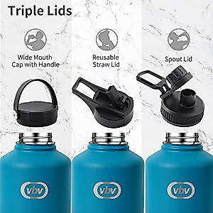 vbv Insulated Water Bottle - 64 Oz, 3 Lids (Straw Lid), Half Gallon Large Metal Stainless Steel Water Jug, Big Double Wall Vacuum Flask, Leakproof Keep Cold & Hot for Sports and Travel