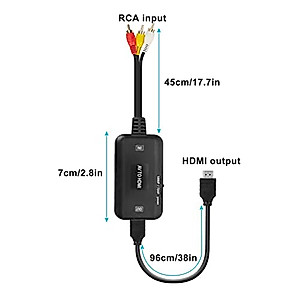 BD&M RCA to HDMI Converter, Composite to HDMI Adapter, Male AV to HDMI Converter Support 1080P PAL/NTSC Compatible with PS one, PS2, PS3, STB, Xbox, VHS, VCR, Blue-Ray DVD Players