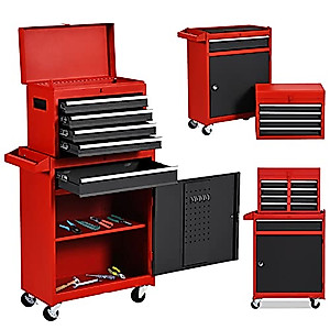Goplus Rolling Tool Chest, 5-Drawer Tool Box Organizer w/Lockable Wheels & Sliding Drawers & Detachable Top & Adjustable Shelf, Tool Storage Cabinet for Garage Workshop (Red+Black)