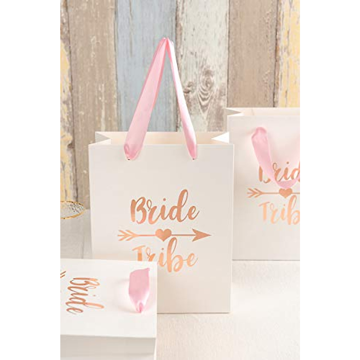 Crisky Bride Tribe Bags Bridesmaid Gift Bags Team Bride Bags Hangover Recovery Kit for Bachelorotte Bridal Shower Hen's Party Favors Wedding Decorations [ Pack of 12, Rose Gold Foil ]