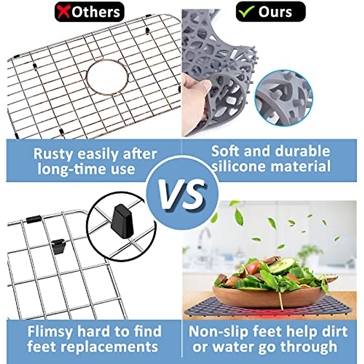 NCUUBR Silicone Sink Mats for Bottom of Kitchen Sink, 2 PCS Sink Mat and Protectors for Stainless Steel Sink, 13.58 ''x 11.6 '' Rear Drain Non-slip Sink Protectors