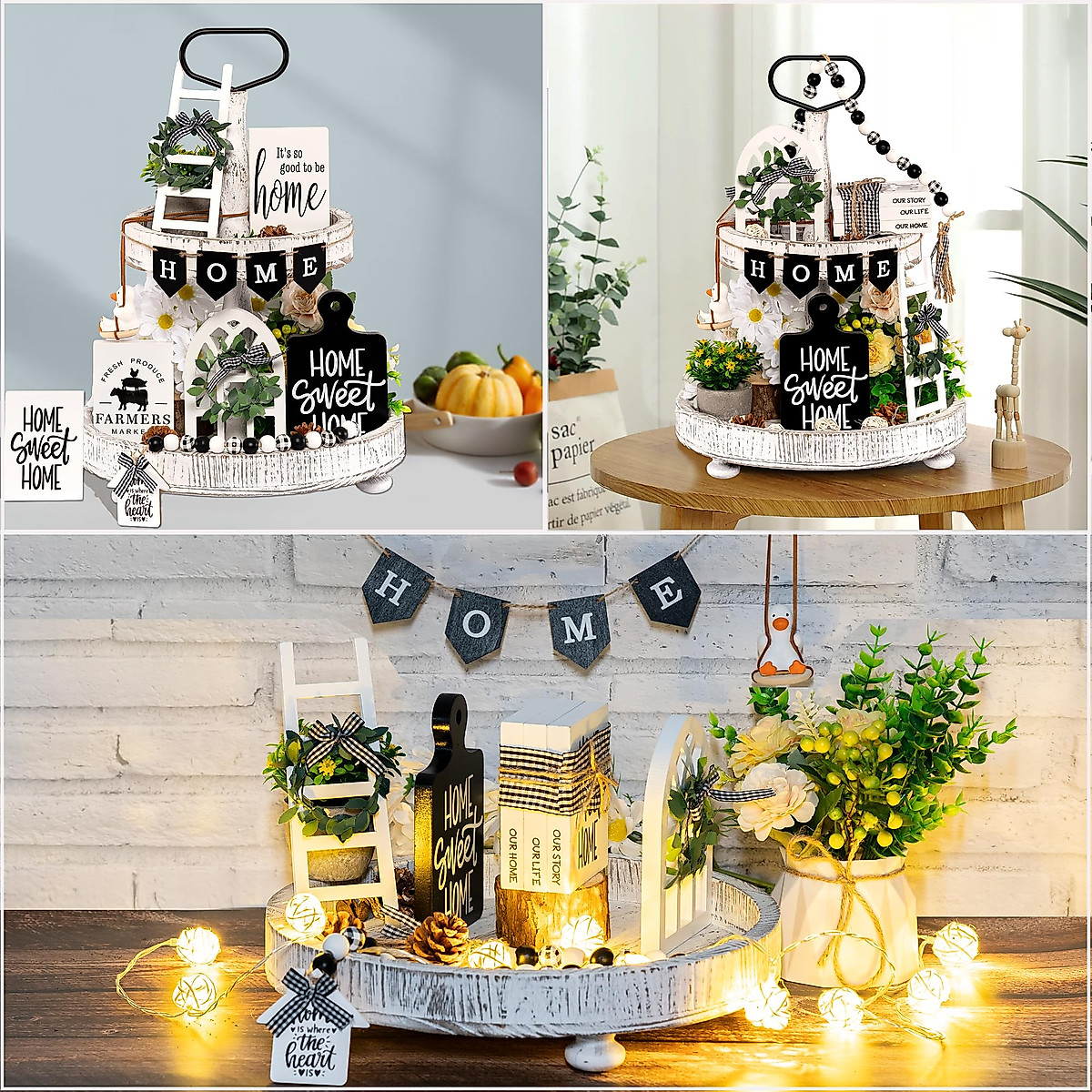 14pcs Farmhouse Tiered Tray Decor Set, 3D Rustic Farmhouse Home Kitchen Decor Home Sweet Home Wood Sign, Tiered Tray Decorations Set for Home Table Shelf decor