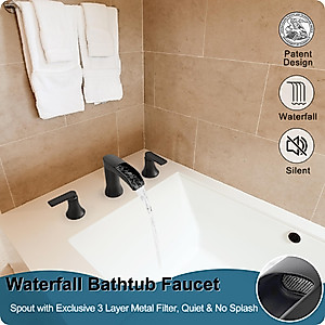 HOIGY Solid Brass Waterfall Bathtub Faucets Set, 3 Hole Matte Black Tub Faucet 2 Handle, High Flow Roman Tub Faucets Widespread 6-16 Inch Deck Mount