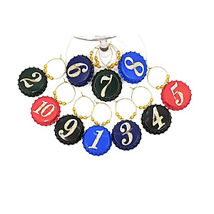 Number Wine Glass Charms 1-10, Glass Tag Identifiers Numbered 1 through 10, Bottle Cap Wine Charms - 10 Wine Charms per pack