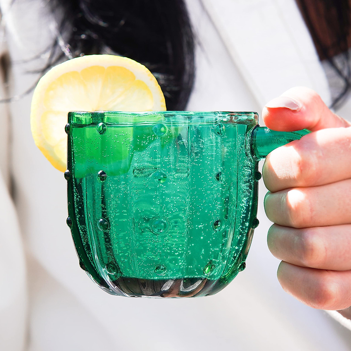 Gökotta Set of 6 | Stacking Cactus Drinking Glasses | Handmade Natural Green Glass | Retro Quirky Gift Present | Dinner Party Cocktail Water Juice Coffee Mugs Cups | 6PCS 250ml